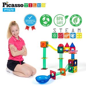 PicassoTiles 70 Piece Marble Run Race Track Magnetic Tiles Magnet Building Block Educational Construction Toy Set Playset STEM Learning Kit Child Brain Development HandEye Coordination Training PTG70