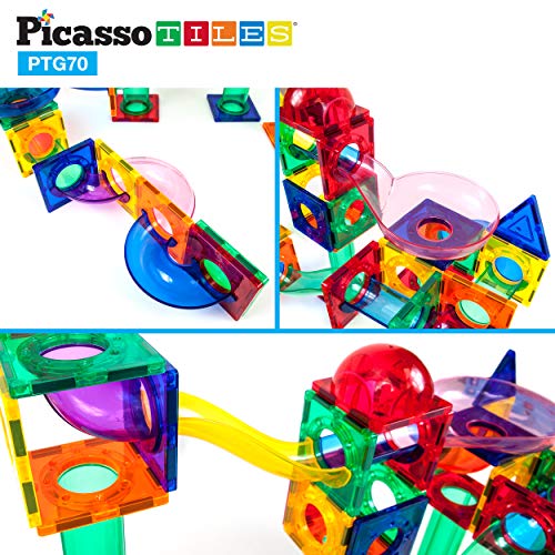 PicassoTiles 70 Piece Marble Run Race Track Magnetic Tiles Magnet Building Block Educational Construction Toy Set Playset STEM Learning Kit Child Brain Development HandEye Coordination Training PTG70