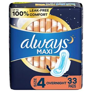 always maxi pads size 4 overnight absorbency unscented with wings, 33 count