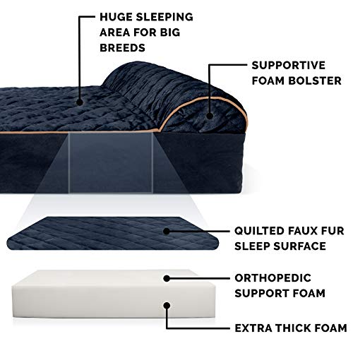 Furhaven XXL Orthopedic Dog Bed Goliath Quilted Faux Fur & Velvet Chaise w/ Removable Washable Cover - Dark Blue, 2XL