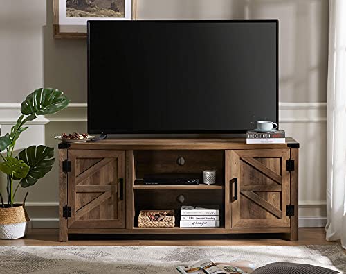 WAMPAT Farmhouse Barn Door TV Stand for TVs Up to 65" Modern Wood Console Entertainment Center Storage Cabinet Table Living Room with Adjustable Shelves