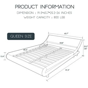 Einfach Queen Size Bed Frame with Ergonomic Adjustable Headboard, Faux Leather Upholstered Low Platform Bed with Curved Design, Sturdy Wooden Slats Support, No Box Spring Needed, Black