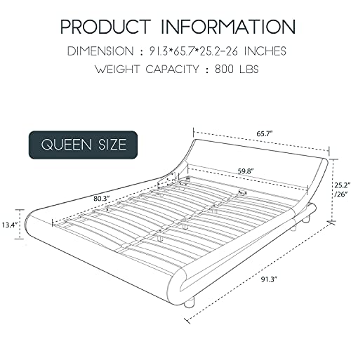 Einfach Queen Size Bed Frame with Ergonomic Adjustable Headboard, Faux Leather Upholstered Low Platform Bed with Curved Design, Sturdy Wooden Slats Support, No Box Spring Needed, Black