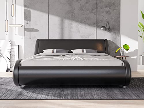 Einfach Queen Size Bed Frame with Ergonomic Adjustable Headboard, Faux Leather Upholstered Low Platform Bed with Curved Design, Sturdy Wooden Slats Support, No Box Spring Needed, Black