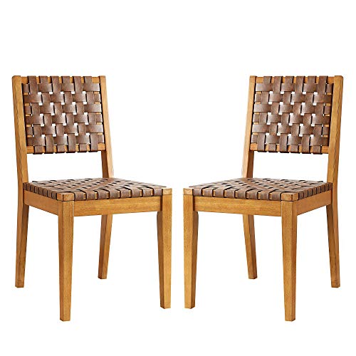 Amazon Brand – Rivet Faux Leather Woven Dining Chair with Wood Frame, Set of 2, 18"W, Brown