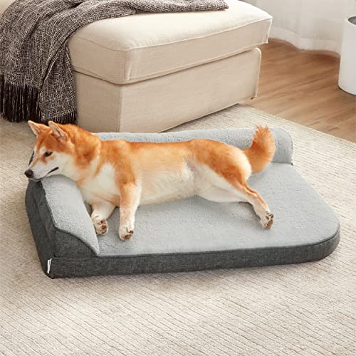 Lesure Orthopedic Dog Bed for Large Dogs - Large Washable Dog Beds with Waterproof Liner and Removable Cover - L Chaise Big Pet Beds with Cozy Faux Fur Linen Fabric, 36x27 inch, Grey