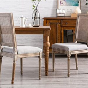 CIMOTA Farmhouse Dining Chairs Set of 2, French Rattan Dining Room Chairs with Rectangle Back/Distressed Wood Upholstered Vintage Side Chairs for Kitchen/Restaurant, Grey/2PCS