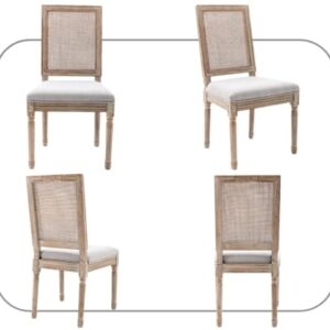 CIMOTA Farmhouse Dining Chairs Set of 2, French Rattan Dining Room Chairs with Rectangle Back/Distressed Wood Upholstered Vintage Side Chairs for Kitchen/Restaurant, Grey/2PCS