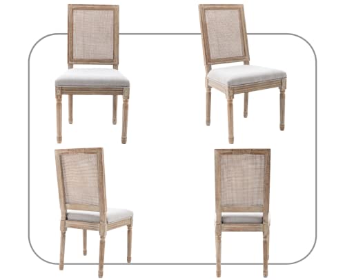 CIMOTA Farmhouse Dining Chairs Set of 2, French Rattan Dining Room Chairs with Rectangle Back/Distressed Wood Upholstered Vintage Side Chairs for Kitchen/Restaurant, Grey/2PCS