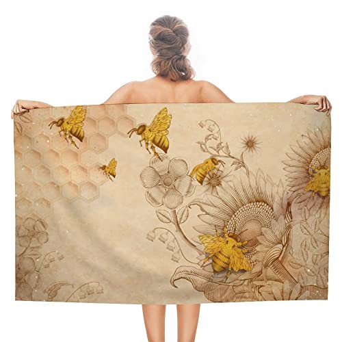 My Little Nest Bath Towels Soft Absorbent Bathroom Towel Honey Bees Wildflowers Retro Quick Dry Bath Towel Large Shower Towels Lightweight Hand Towels 31" x 51"