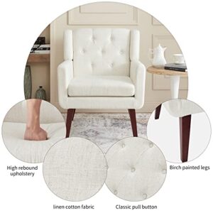 Accent Chair Button-Tufted Upholstered Living Room Chairs Comfy Reading Chair Mid Century Modern Chair with Linen Fabric Lounge Arm Chairs for Living Room Bedroom (Beige)