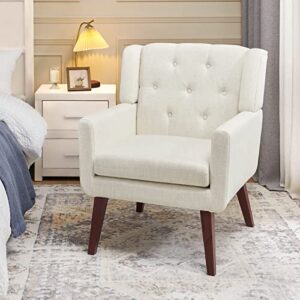 Accent Chair Button-Tufted Upholstered Living Room Chairs Comfy Reading Chair Mid Century Modern Chair with Linen Fabric Lounge Arm Chairs for Living Room Bedroom (Beige)