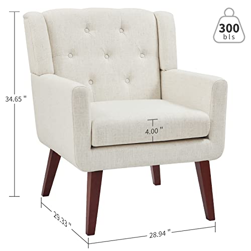 Accent Chair Button-Tufted Upholstered Living Room Chairs Comfy Reading Chair Mid Century Modern Chair with Linen Fabric Lounge Arm Chairs for Living Room Bedroom (Beige)