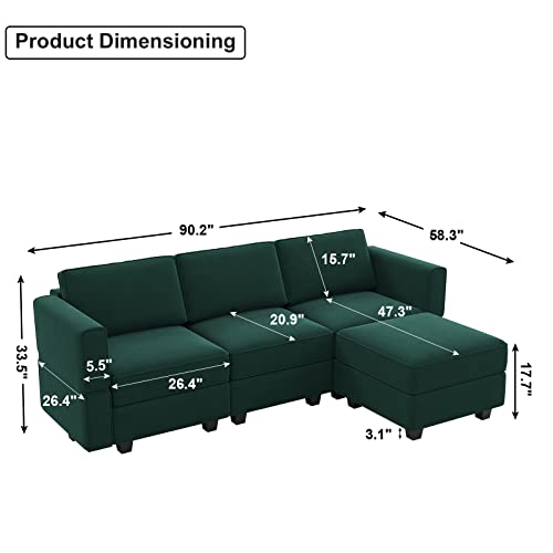 Belffin Convertible Sectional Sofa with Chaise Velvet L Shaped Sofa Couch Modular Sectional Sofa with Storage Green