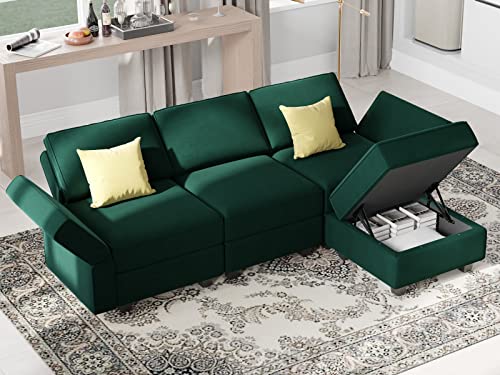 Belffin Convertible Sectional Sofa with Chaise Velvet L Shaped Sofa Couch Modular Sectional Sofa with Storage Green