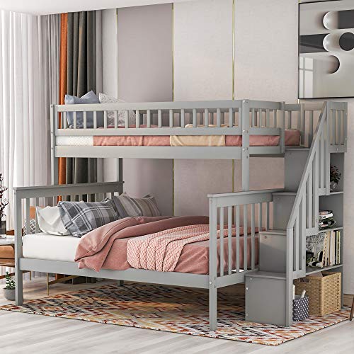 Merax Twin Over Full Bunk Bed with Stairs, Wood Bed Frame with Storage Space and Guard Rail for Bedroom, Dorm, for Teens, Adults, Grey