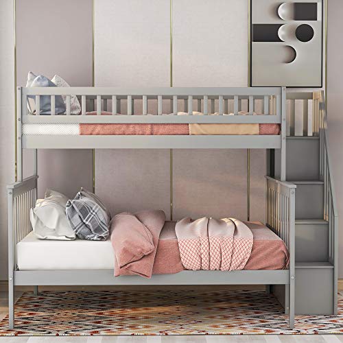 Merax Twin Over Full Bunk Bed with Stairs, Wood Bed Frame with Storage Space and Guard Rail for Bedroom, Dorm, for Teens, Adults, Grey