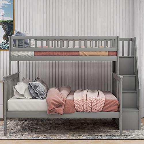 Merax Twin Over Full Bunk Bed with Stairs, Wood Bed Frame with Storage Space and Guard Rail for Bedroom, Dorm, for Teens, Adults, Grey