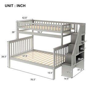 Merax Twin Over Full Bunk Bed with Stairs, Wood Bed Frame with Storage Space and Guard Rail for Bedroom, Dorm, for Teens, Adults, Grey