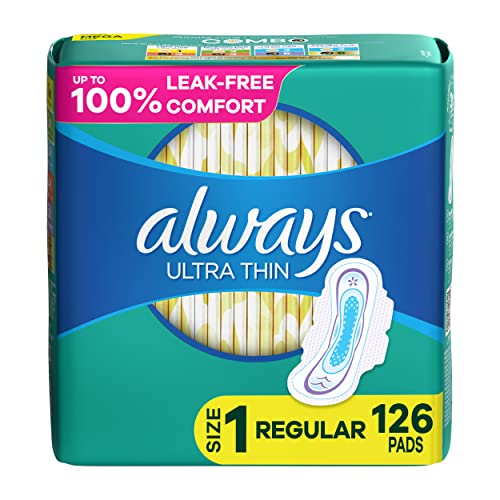 Always Ultra Thin Daytime Pads with Wings, Size 1, Regular, Unscented, 42 Counts x 3 Packs (126 Count total)