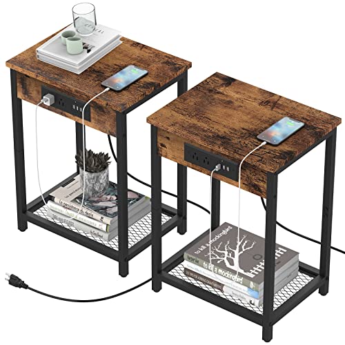 CADUKE Nightstand with Charging Station Set of 2 Side End Table with USB Ports and Power Outlets Industrial Bedside for Bedroom Living Room Farmhouse, Rustic Brown and Black