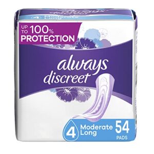 always discreet moderate long incontinence pads, up to 100% leak-free protection, 54 count (packaging may vary)