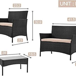 FDW Patio Furniture 4 Pieces Outdoor Indoor Use Rattan Chairs Wicker Patio Loveseats Conversation Sets with Table and Beige Cushions for Backyard Lawn Porch Garden Balcony,Black