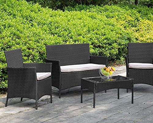 FDW Patio Furniture 4 Pieces Outdoor Indoor Use Rattan Chairs Wicker Patio Loveseats Conversation Sets with Table and Beige Cushions for Backyard Lawn Porch Garden Balcony,Black