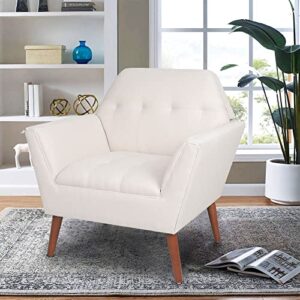 LEVNARY Modern Accent Chair, Comfy Upholstered Button Tufted Armchair with Wood Legs, Mid-Century Upholstered Single Sofa Chair for Reading Room Living Room (Beige)