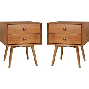 walker edison ella mid-century modern 2-piece 2-drawer solid wood nightstand set, 2 pack, caramel