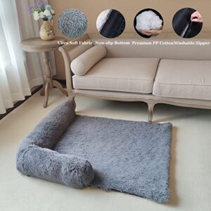 Coohom Calming Dog Bed Pet Couch Protector Dog Cat Bed Mats for Furniture with Removable Washable Cover,Plush Sofa Cover Cushion with Soft Neck Bolster (X-Large 45", Grey)