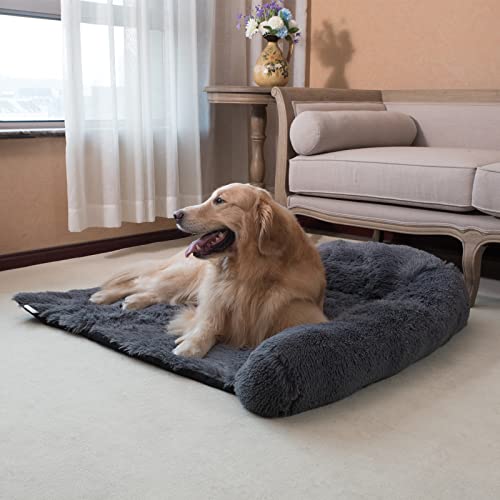 Coohom Calming Dog Bed Pet Couch Protector Dog Cat Bed Mats for Furniture with Removable Washable Cover,Plush Sofa Cover Cushion with Soft Neck Bolster (X-Large 45", Grey)