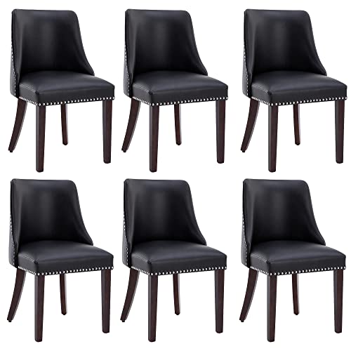 Kmax Leather Dining Chairs Set of 6 Upholstered Side Chairs Farmhouse Accent Chairs with Nailhead Wood Legs for Dining Room Guest Room Restaurant, Black