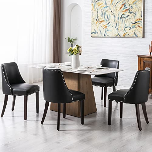 Kmax Leather Dining Chairs Set of 6 Upholstered Side Chairs Farmhouse Accent Chairs with Nailhead Wood Legs for Dining Room Guest Room Restaurant, Black