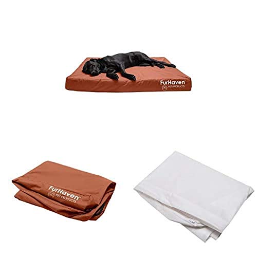 Furhaven Pet Bundle - Jumbo Plus Chestnut Deluxe Orthopedic Water-Resistant Indoor Outdoor Logo Print Mattress, Extra Dog Bed Cover, & Water-Resistant Mattress Liner for Dogs & Cats