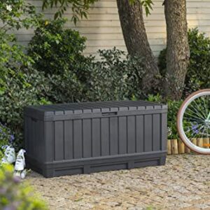 Keter Kentwood 90 Gallon Resin Deck Box-Organization and Storage for Patio Furniture Outdoor Cushions, Throw Pillows, Garden Tools and Pool Toys, Graphite