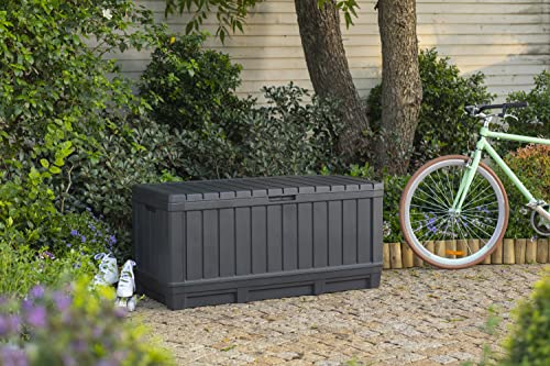 Keter Kentwood 90 Gallon Resin Deck Box-Organization and Storage for Patio Furniture Outdoor Cushions, Throw Pillows, Garden Tools and Pool Toys, Graphite