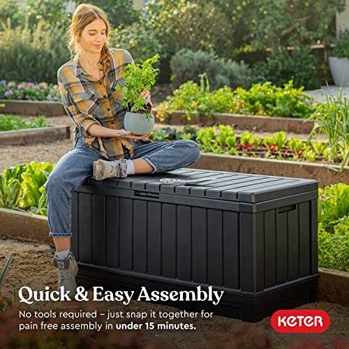 Keter Kentwood 90 Gallon Resin Deck Box-Organization and Storage for Patio Furniture Outdoor Cushions, Throw Pillows, Garden Tools and Pool Toys, Graphite