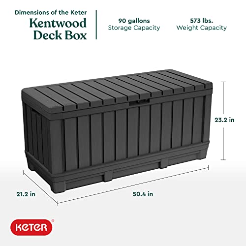 Keter Kentwood 90 Gallon Resin Deck Box-Organization and Storage for Patio Furniture Outdoor Cushions, Throw Pillows, Garden Tools and Pool Toys, Graphite