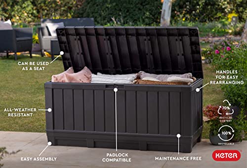 Keter Kentwood 90 Gallon Resin Deck Box-Organization and Storage for Patio Furniture Outdoor Cushions, Throw Pillows, Garden Tools and Pool Toys, Graphite