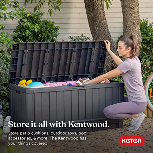 Keter Kentwood 90 Gallon Resin Deck Box-Organization and Storage for Patio Furniture Outdoor Cushions, Throw Pillows, Garden Tools and Pool Toys, Graphite