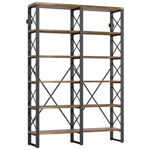 ironck industrial bookshelf double wide 6-tier, open large bookcase, wood and metal bookshelves for home office, easy assembly