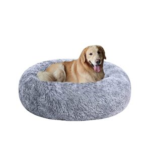 poohoo calming faux fur donut cuddler dog bed,washable round cat bed pillow cuddler gradient color(23″/30″) for small medium dogs(l 30″,grey)