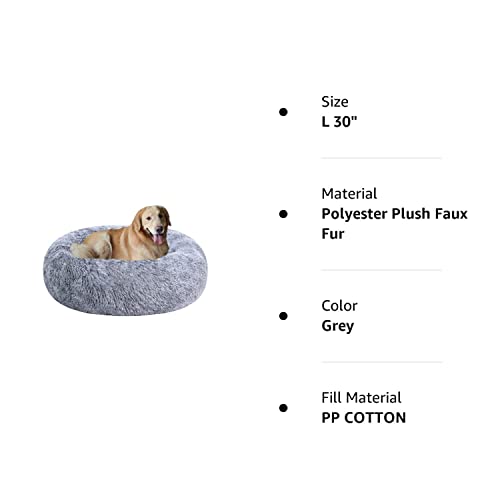 Poohoo Calming Faux Fur Donut Cuddler Dog Bed,Washable Round Cat Bed Pillow Cuddler Gradient Color(23"/30") for Small Medium Dogs(L 30",Grey)