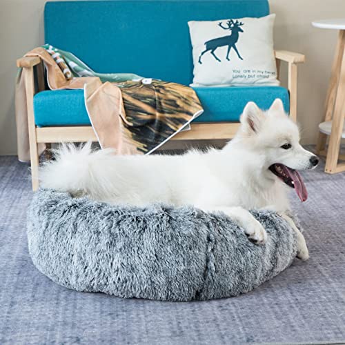 Poohoo Calming Faux Fur Donut Cuddler Dog Bed,Washable Round Cat Bed Pillow Cuddler Gradient Color(23"/30") for Small Medium Dogs(L 30",Grey)