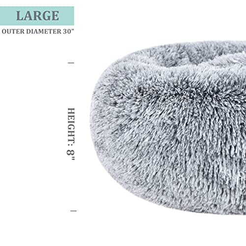 Poohoo Calming Faux Fur Donut Cuddler Dog Bed,Washable Round Cat Bed Pillow Cuddler Gradient Color(23"/30") for Small Medium Dogs(L 30",Grey)