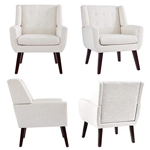 HUIMO Accent Chair, Upholstered Button Tufted Armchair, Linen Fabric Sofa Chairs for Bedroom, Living Room, Mid-Century Modern Comfy Reading Chair (Beige)