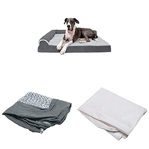 Furhaven Pet Bundle - Jumbo Plus Stone Gray Deluxe Orthopedic Two-Tone Plush Faux Fur & Suede L Shaped Chaise, Extra Dog Bed Cover, & Water-Resistant Mattress Liner for Dogs & Cats