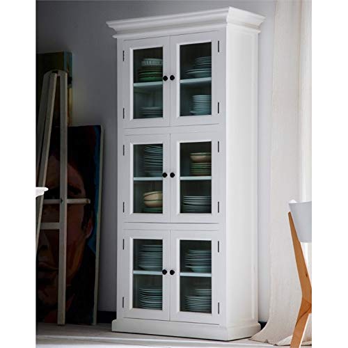 NovaSolo Halifax Pure White Mahogany Wood Storage Cabinet/Pantry Unit With Glass Doors And 6 Shelves