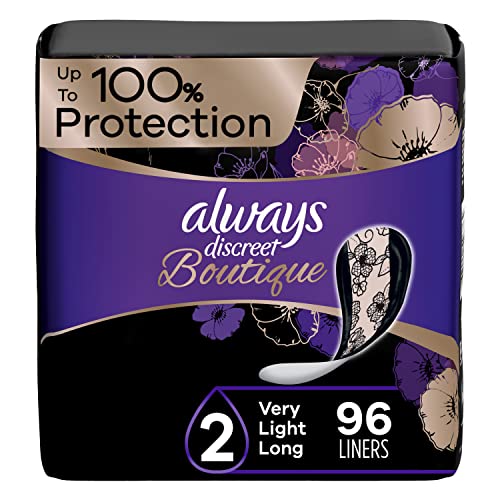 Always Discreet Boutique, Incontinence & Postpartum Liners For Women, Size 2, Very Light Absorbency, Long Length, 32 Count x 3 Packs (96 Count total)